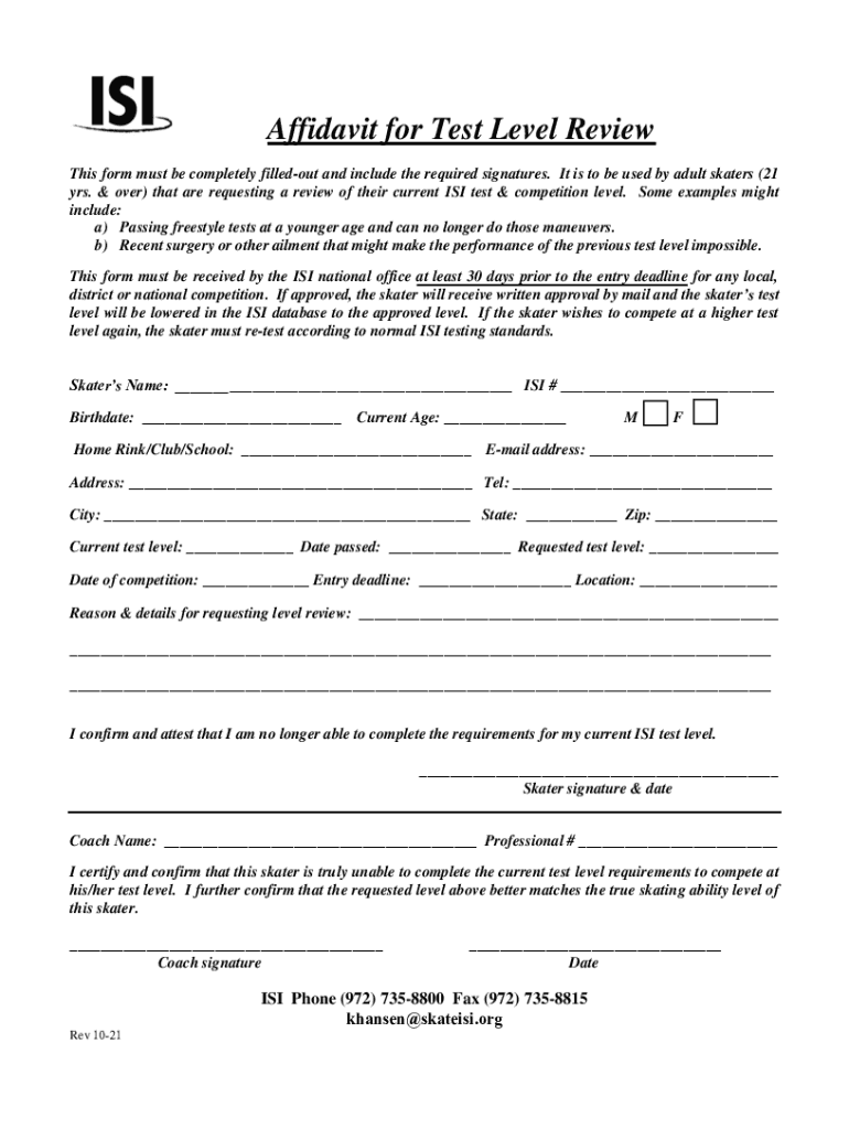Fillable Online Affidavit for Test Level Review - skateisi.org Fax ...
