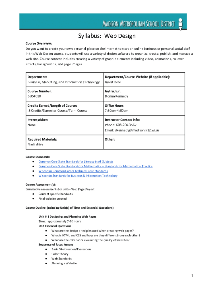 Fillable Online Web Designing Course Syllabus: Web Designing Syllabus ...