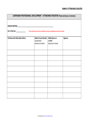 Fillable Online SAMPLE ATTENDANCE REGISTER Registration...SAMPLE ATTENDANCE REGISTER ... Fax ...