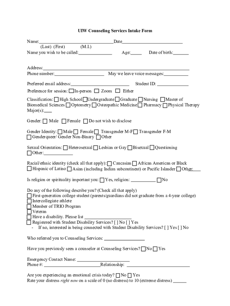 Fillable Online UIW Counseling Services Intake Form - University of the Incarnate Word Fax Email ...