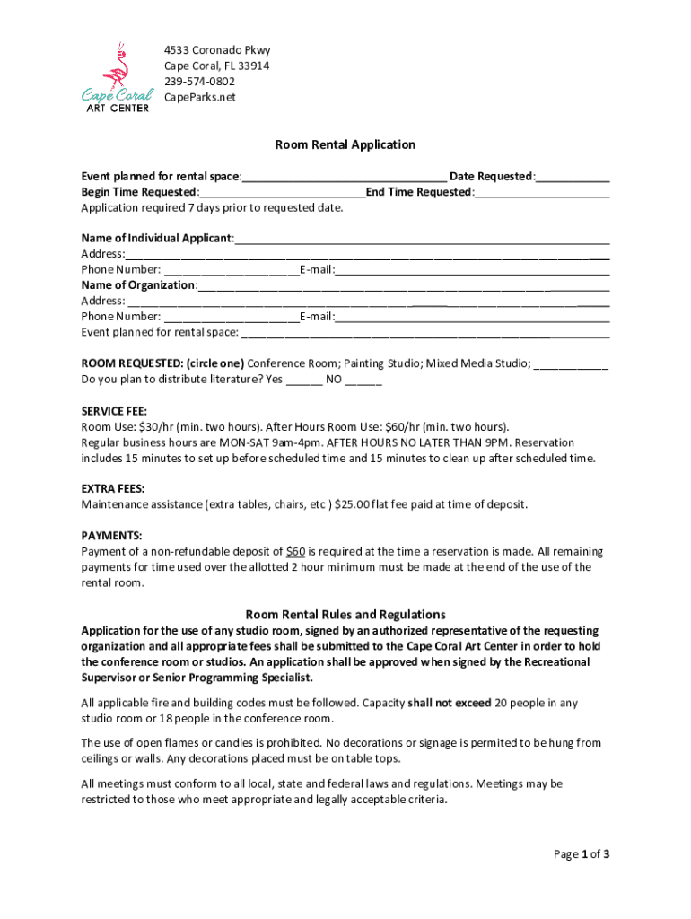 Fillable Online Room Rental Application Room Rental Rules and ...