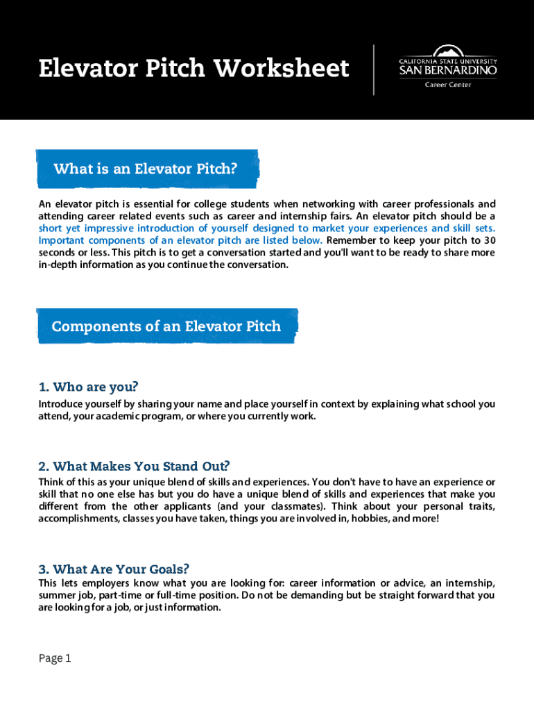 Fillable Online What is an Elevator Pitch? Examples and Templates for ...