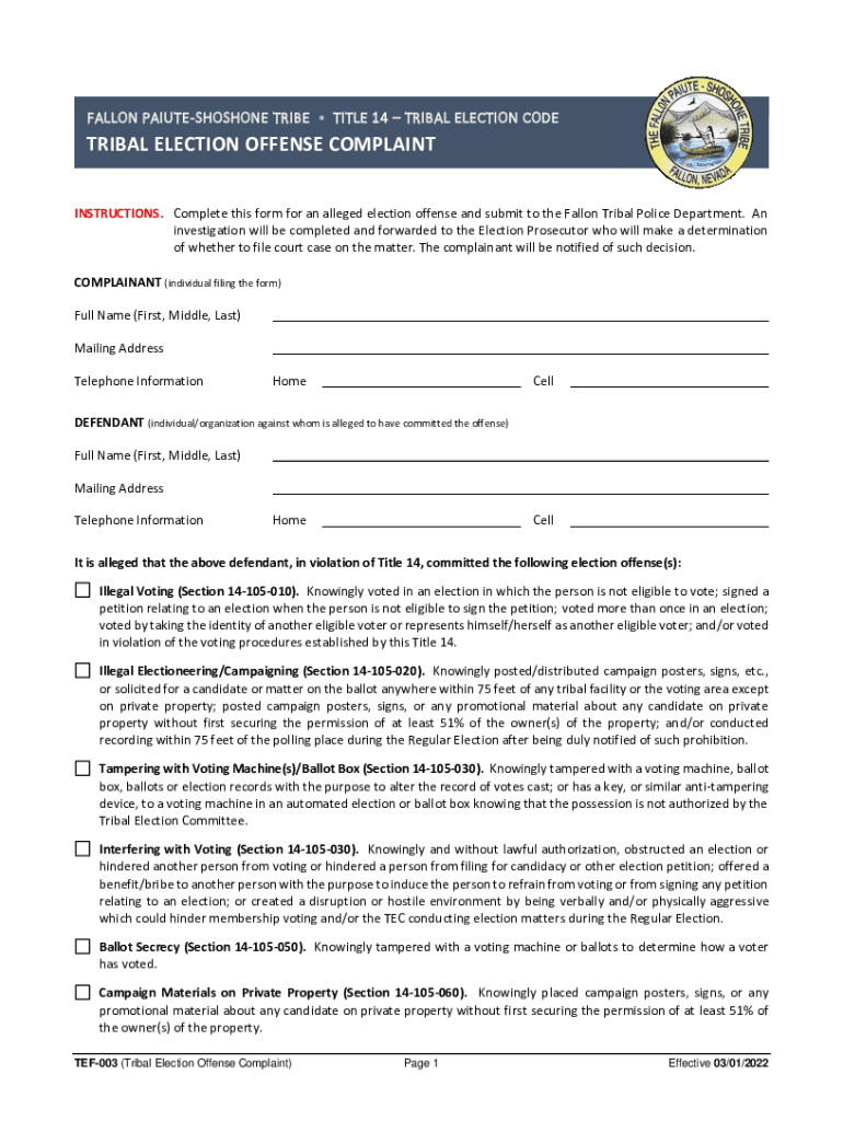 Fillable Online FALLON PAIUTE-SHOSHONE TRIBE TITLE 14 TRIBAL ELECTION ...