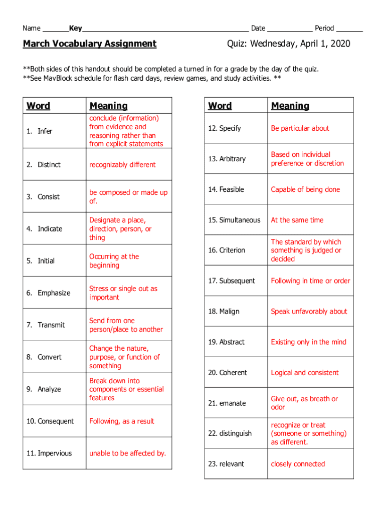 Fillable Online March Vocabulary Words in the ClassroomAutism Adventures Fax Email Print - pdfFiller