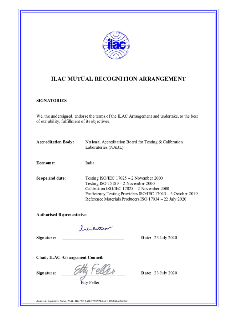 Fillable Online SIGNATURE SHEET ILAC ARRANGEMENT (NABL 22 July 2020 to ...
