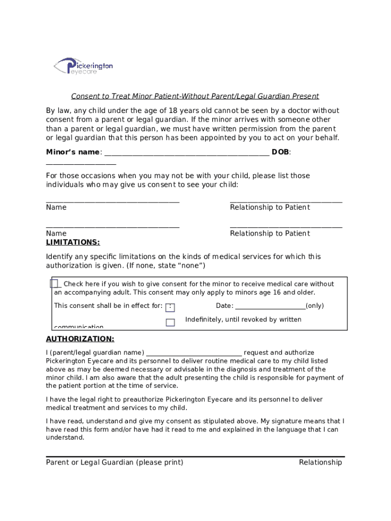 Consent to Treat Minor Patient - Without Parent/Legal Guardian present Doc Template | pdfFiller