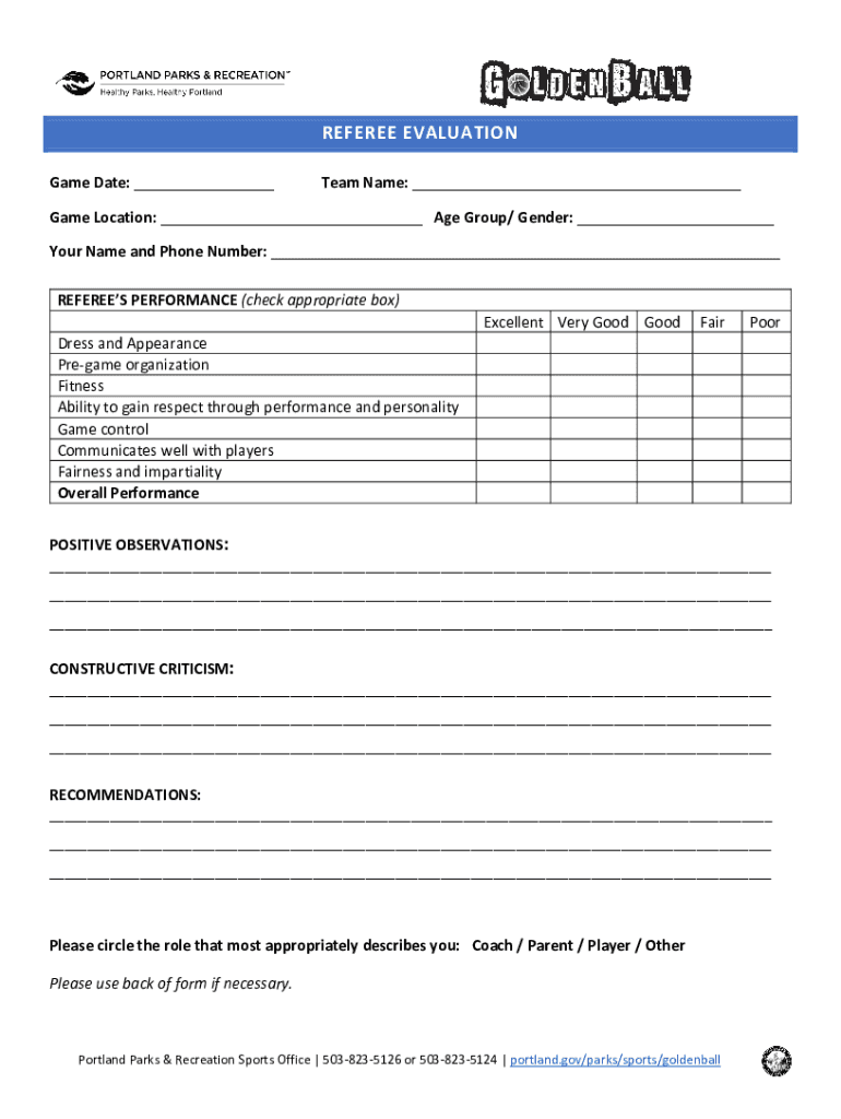 Fillable Online Referee Evaluation FormSoccer for Adults Fax Email ...