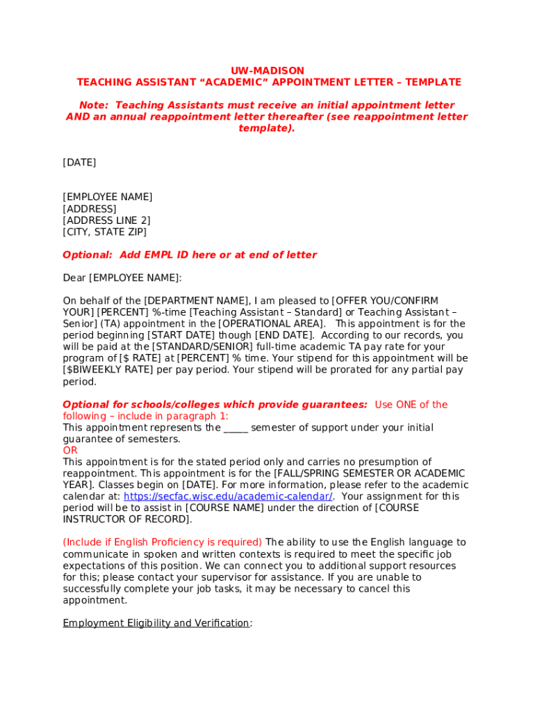 Teaching Assistant Academic Appointment Letter Template Doc Template ...