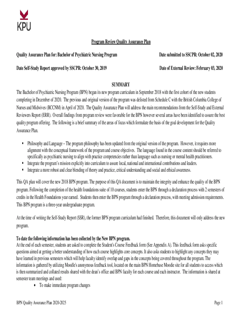 Fillable Online Program Review Quality Assurance PlanQuality Assurance Plan Template ... Fax ...