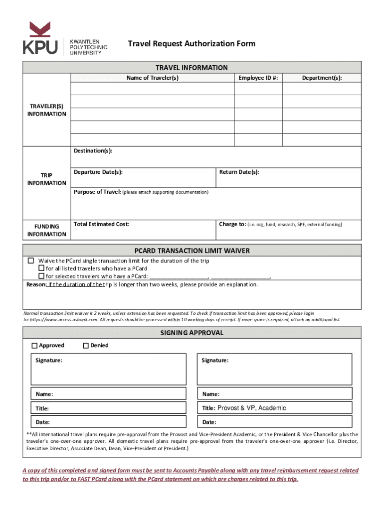 Fillable Online Travel Request Authorization Form - Kwantlen ...