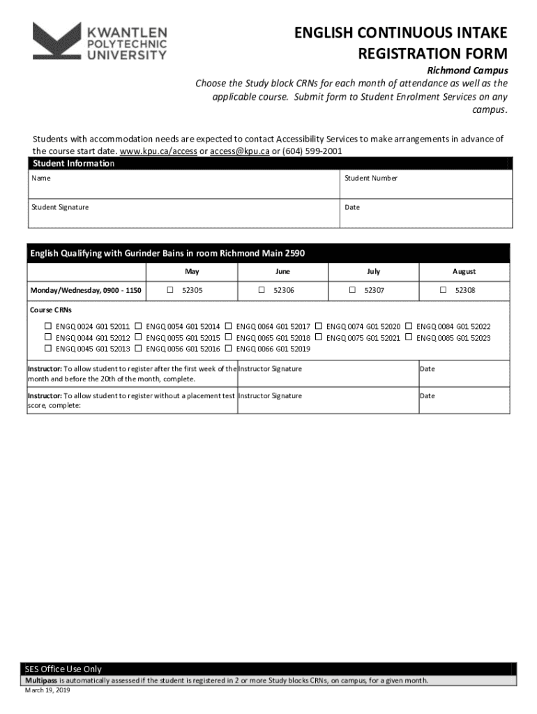 Fillable Online Get the free ENGLISH CONTINUOUS INTAKE REGISTRATION ...