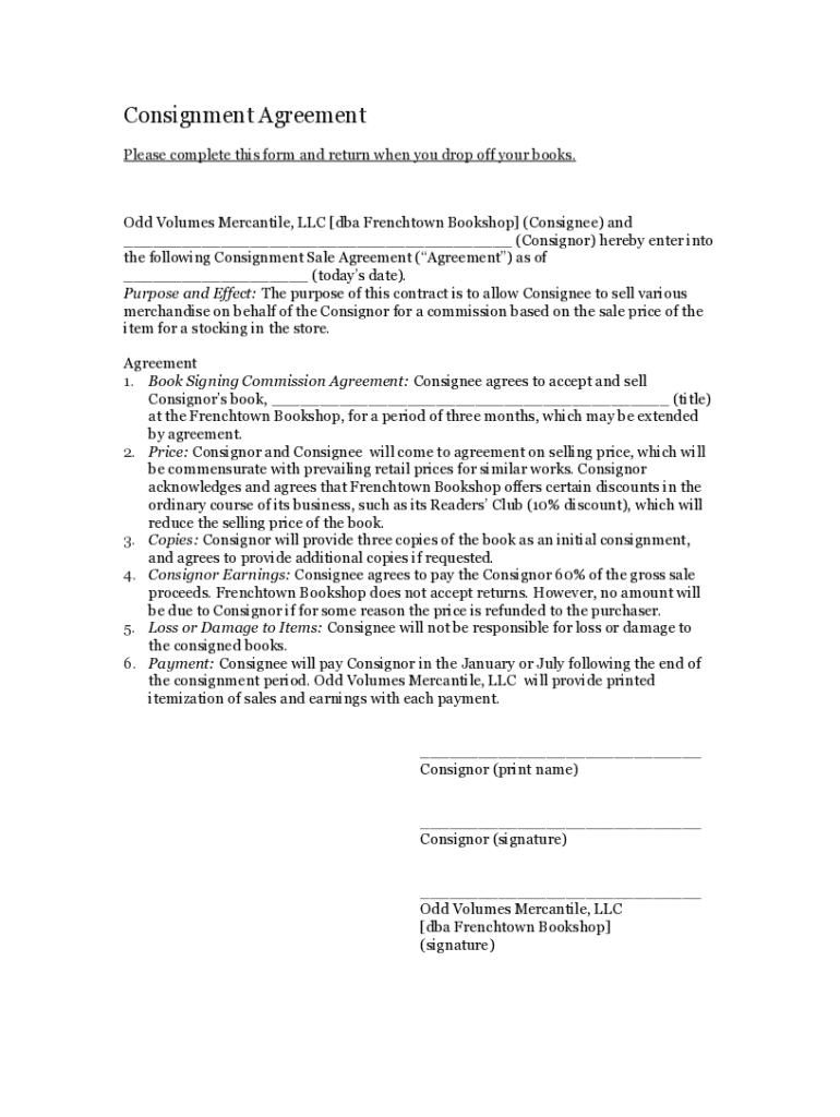 Fillable Online Used Vehicle Consignment Agreement PDF Form Fax Email ...