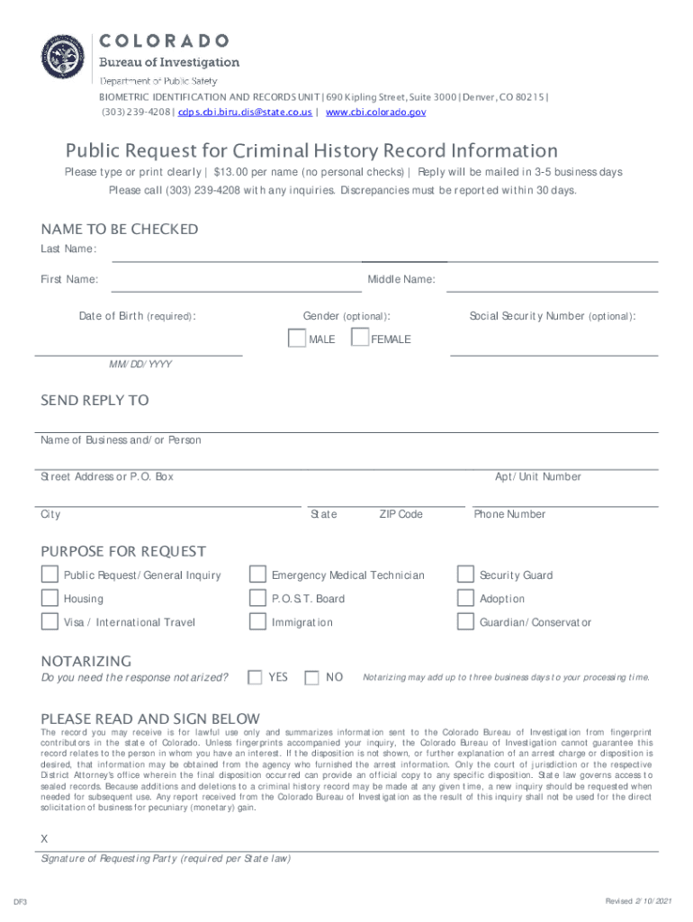 Fillable Online / / - - Public Request for Criminal History Record ...