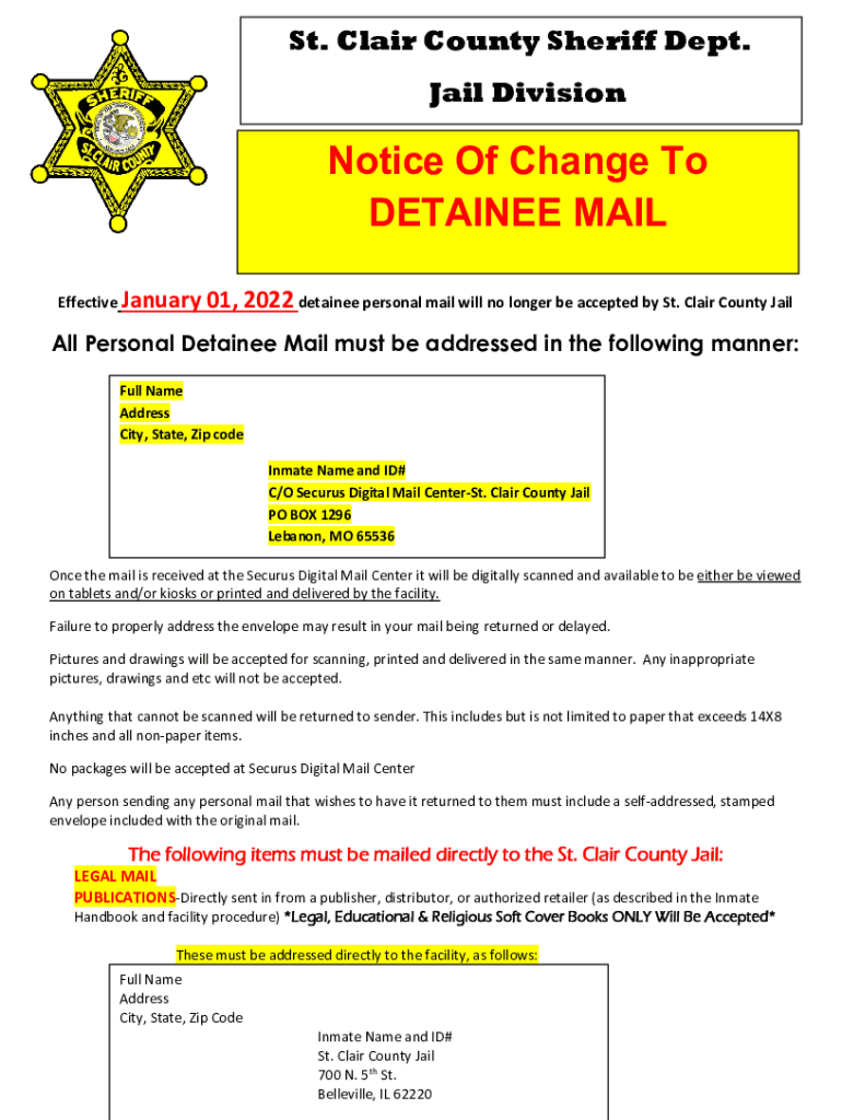 Fillable Online Notice Of Change To DETAINEE MAIL Fax Email Print ...