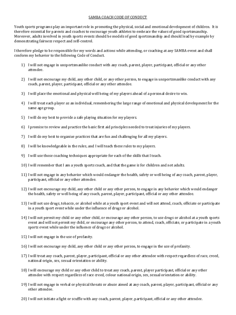 Fillable Online Model Athletic Code of Conduct - Youth Sports Research ...