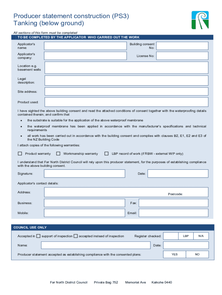 Fillable Online Fillable Producer Statement Construction (PS3) Tanking ...