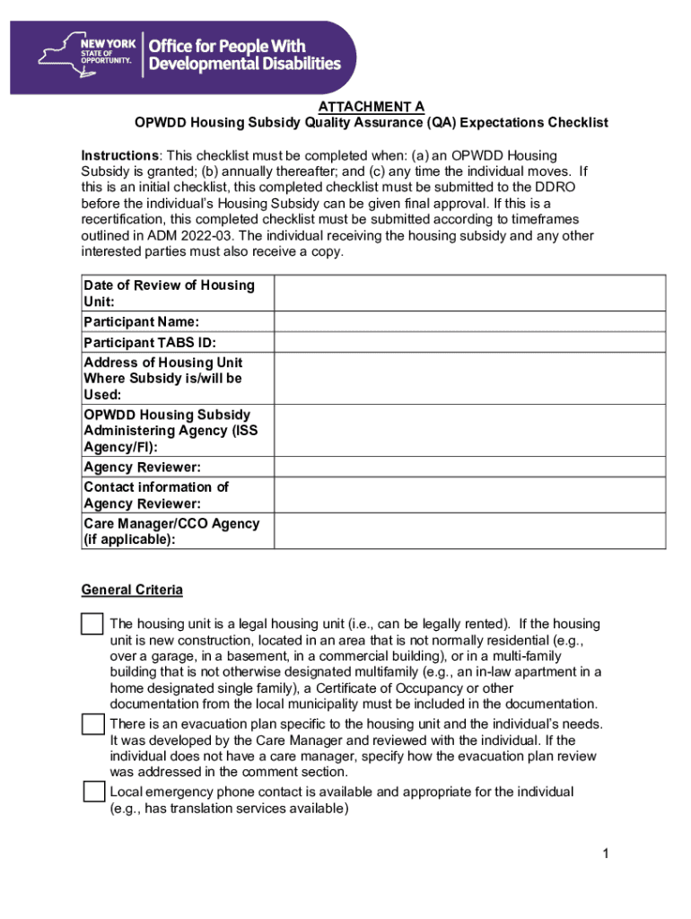 Fillable Online opwdd ny Attachment B OPWDD Housing Subsidy ...