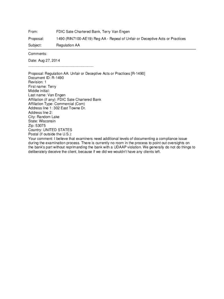 Fillable Online From: FDIC Sate Chartered Bank, Terry Van Engen Subject ...