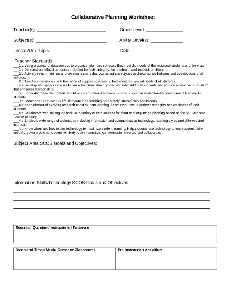 Collaborative Planning Worksheet Doc Template | pdfFiller