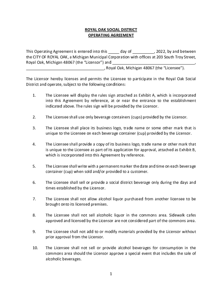 Fillable Online ROYAL OAK SOCIAL DISTRICT OPERATING AGREEMENT Fax Email Print - pdfFiller