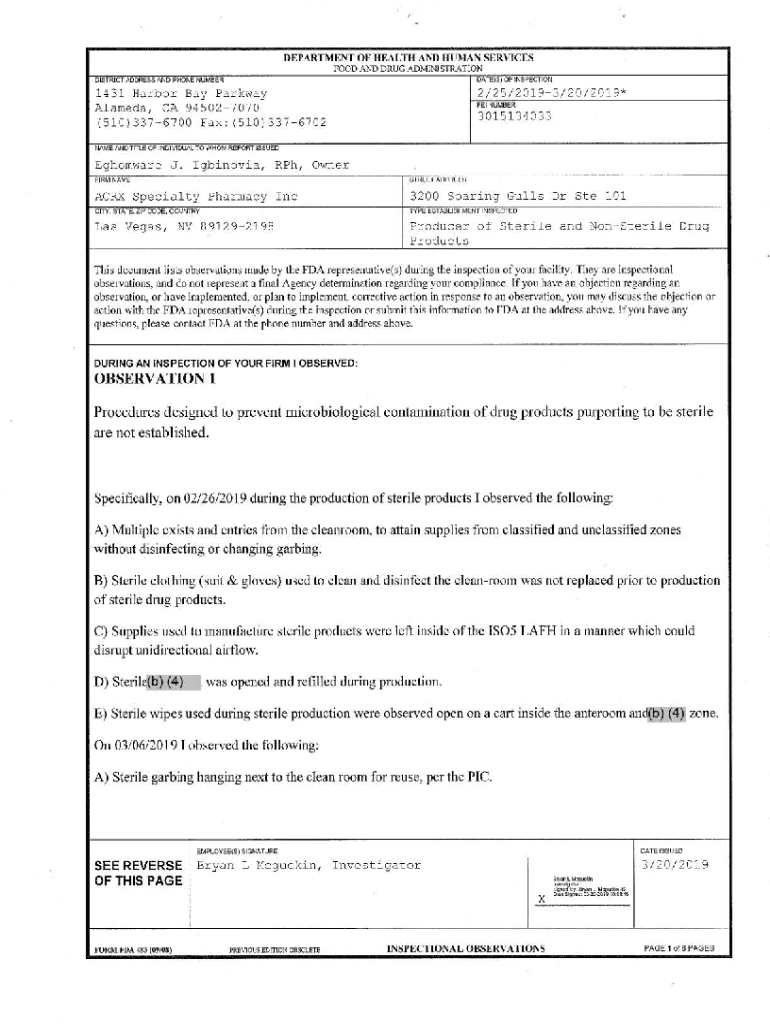 Fillable Online FOOD AND DRUG ADMINISTRATION DATE($) OF INSPECTION Fax ...