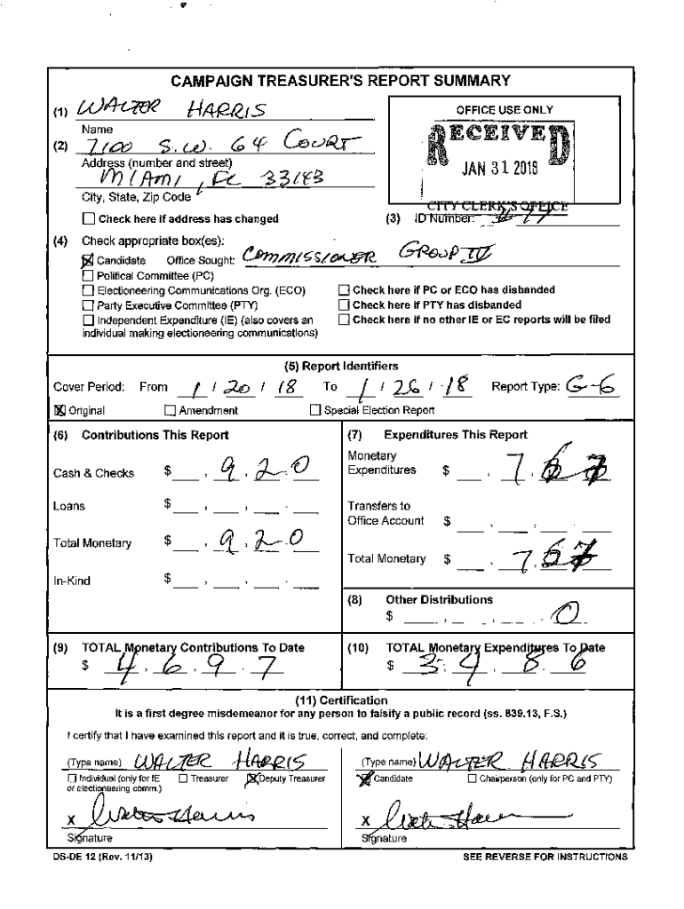 Fillable Online CAMPAIGN TREASURER'S REPORT SUMMARY i L l OFFICE USE ...