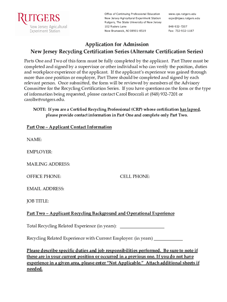 Fillable Online cpe rutgers Application for Admission - NJ Recycling ...