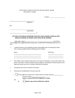 Fillable Online Petition to Establish Parent Plan w Time-Share Sch w ...