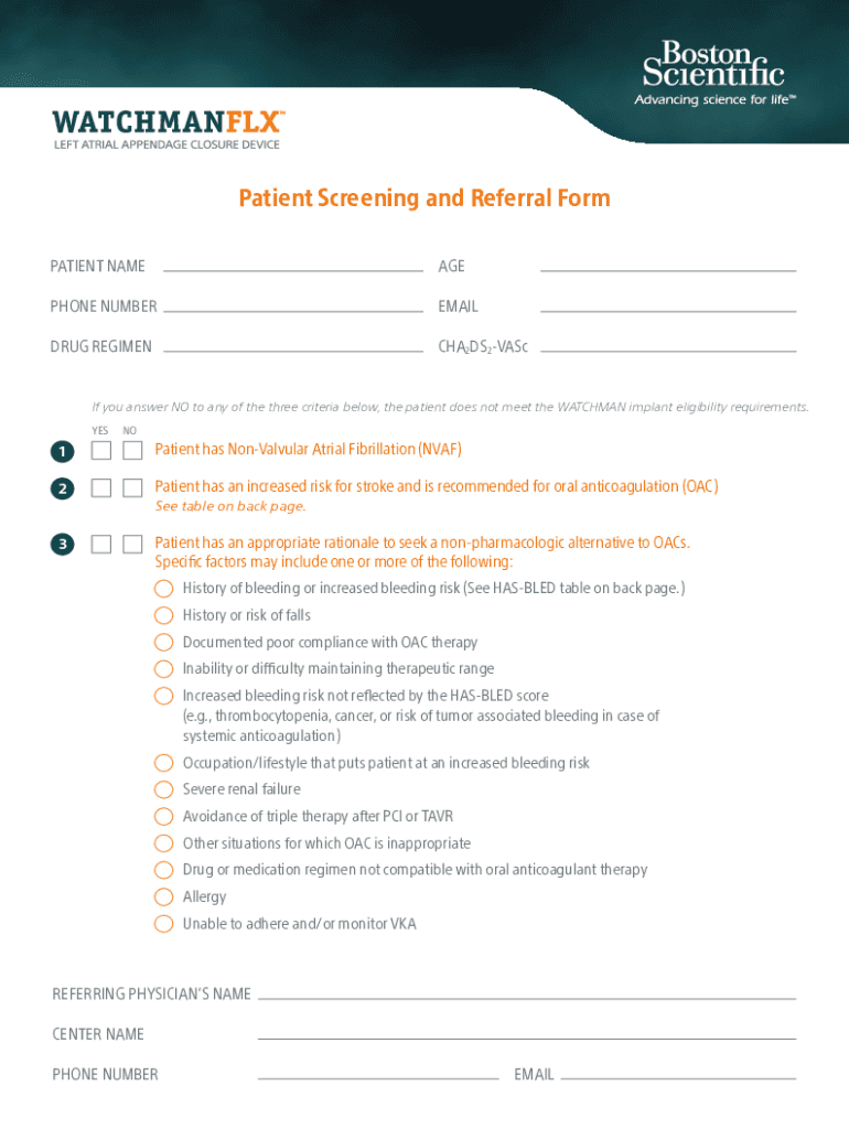 Fillable Online Patient Screening and Referral Form - Watchman Fax ...