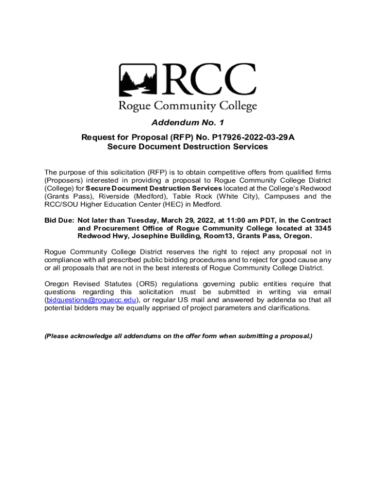 Fillable Online Addendum No. 1 Request for Proposal (RFP) No. P17926 ... Fax Email Print - pdfFiller