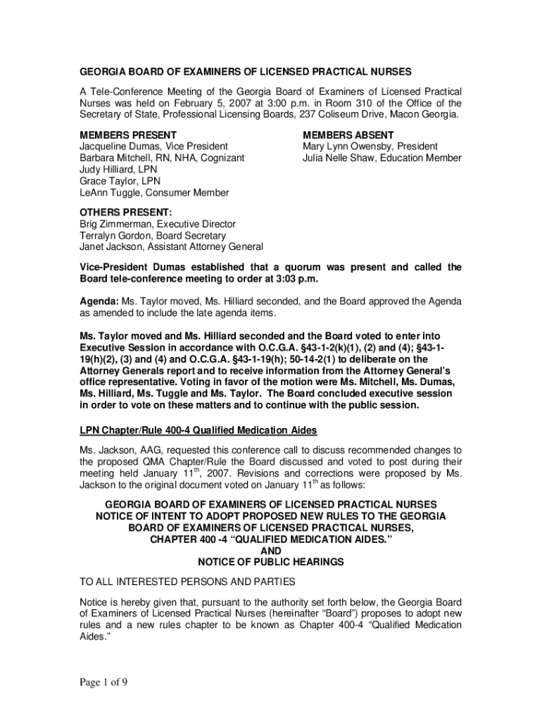 Fillable Online sos ga Department 400. GEORGIA BOARD OF EXAMINERS OF LICENSED PRACTICAL NURSES ...