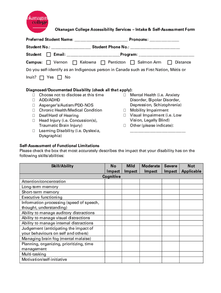 Fillable Online Intake & Self-Assessment Form Preferred Student Name ...
