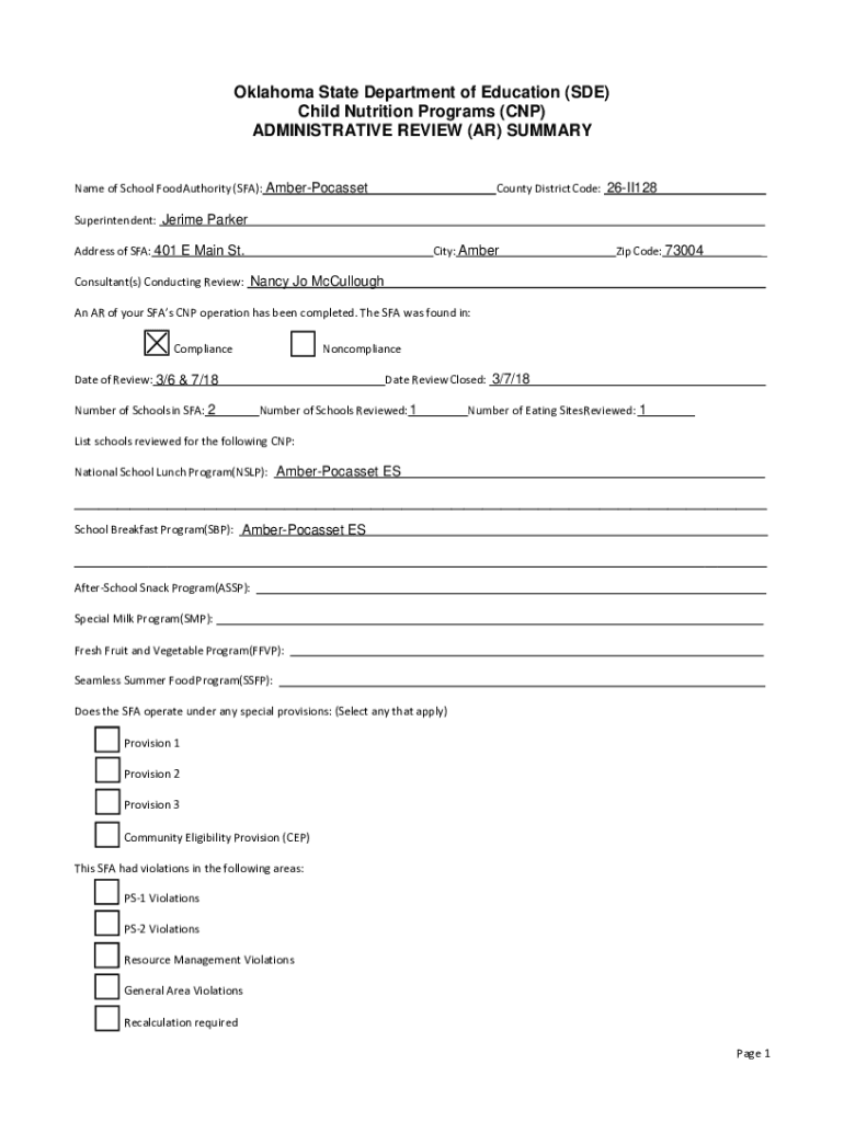 Fillable Online sde ok Name of School Food Authority (SFA): Amber ...