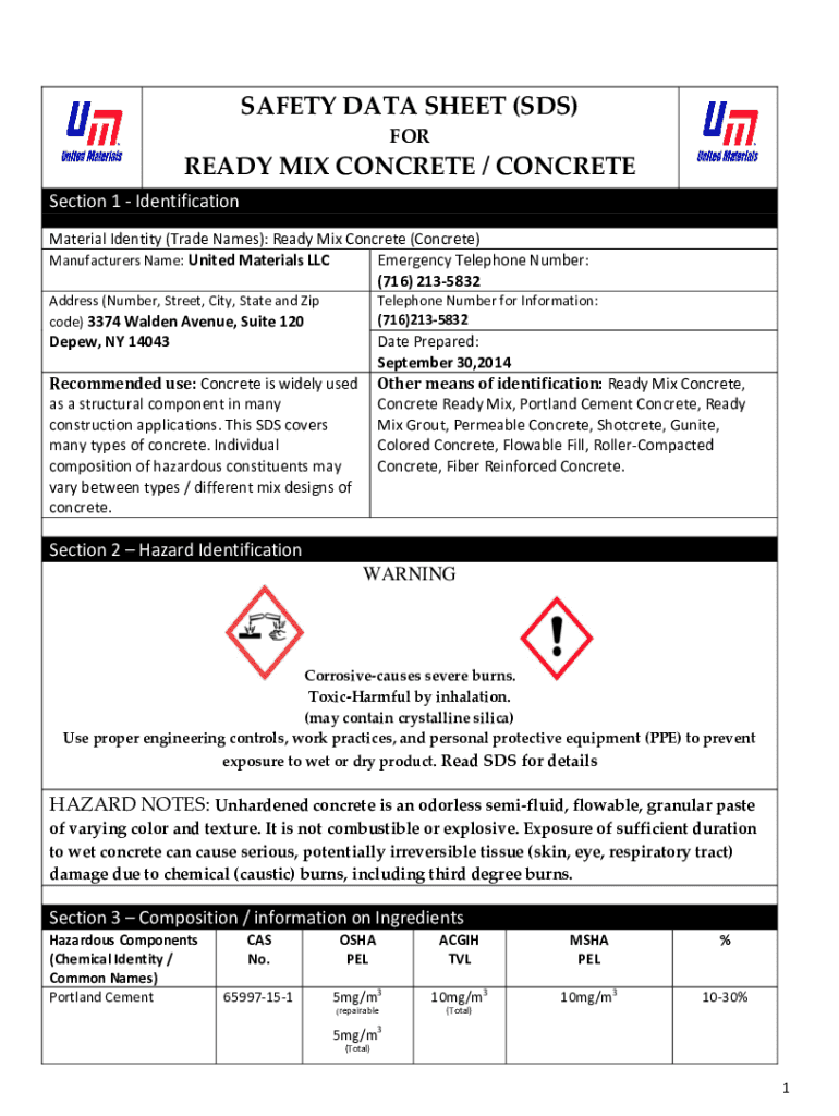 Fillable Online bbconcrete.com11Redimix-ConcreteBBSDSSAFETY DATA SHEET ...
