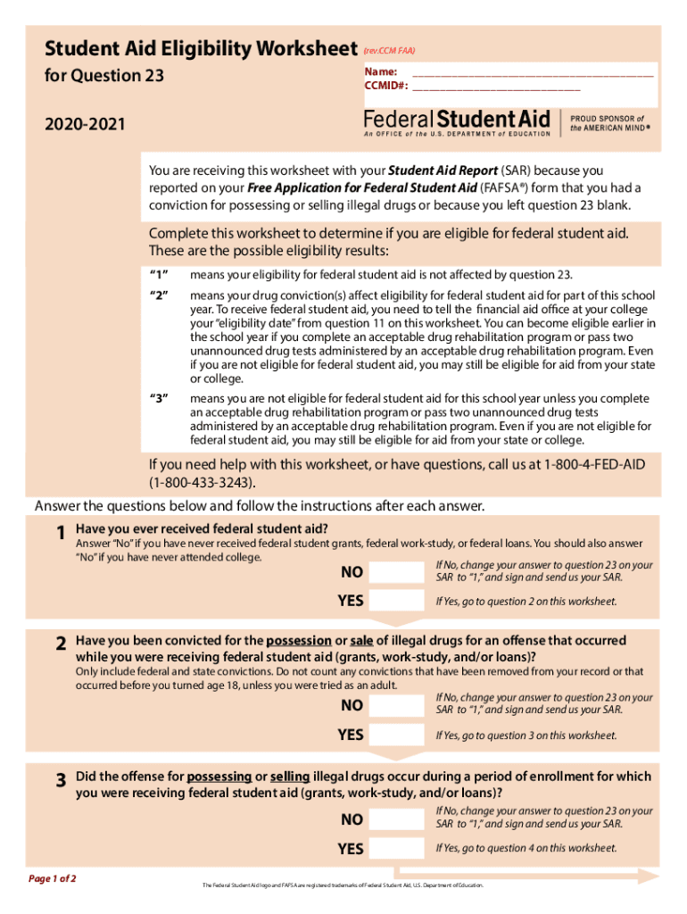 Fillable Online Student Aid Eligibility Worksheet - A-State2022-2023 ...