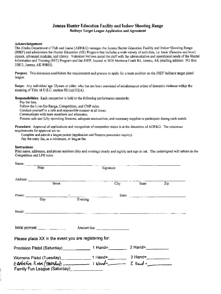 Fillable Online JHESC Bullseye Target League Application and Agreement ...