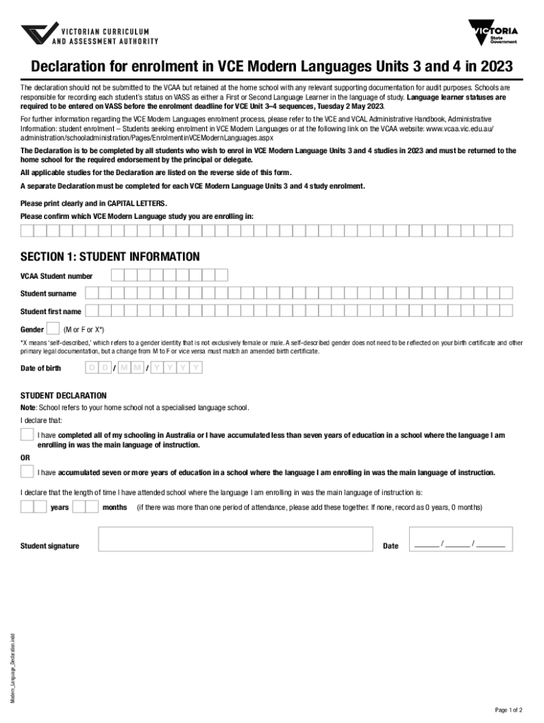 Fillable Online Declaration for enrolment in VCE Modern Languages Units 3 and 4 in 2023 Fax ...