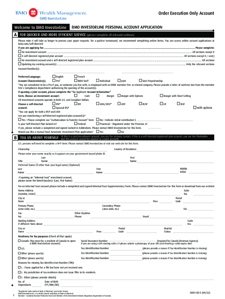 Fillable Online BMO INVESTORLINE PERSONAL ACCOUNT APPLICATION Fax Email ...