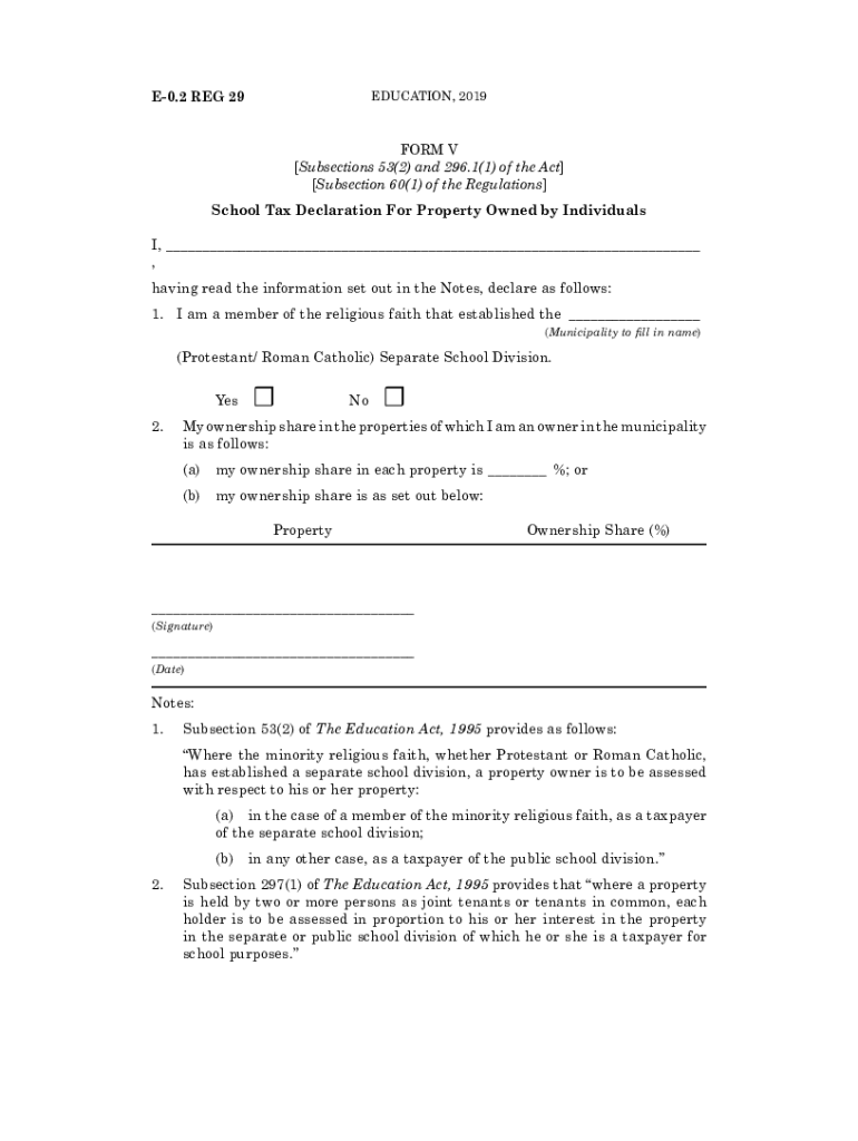 Fillable Online E-0.2 Reg 29 Form V - School Tax Declaration For ...