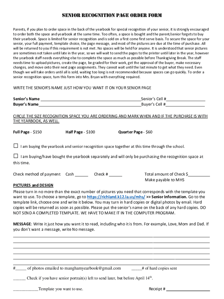 Fillable Online Fillable Online Senior Recognition Page Order Form Fax ...