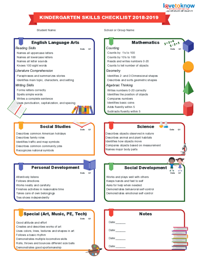 Fillable Online Kindergarten skills checklist - Kids Learning ...