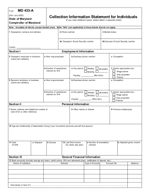 Fillable Online Form MD 433-A Collection Information Statement for ...