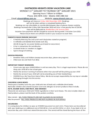 Fillable Online Before and after school care (OOSH) - Eastwood ...