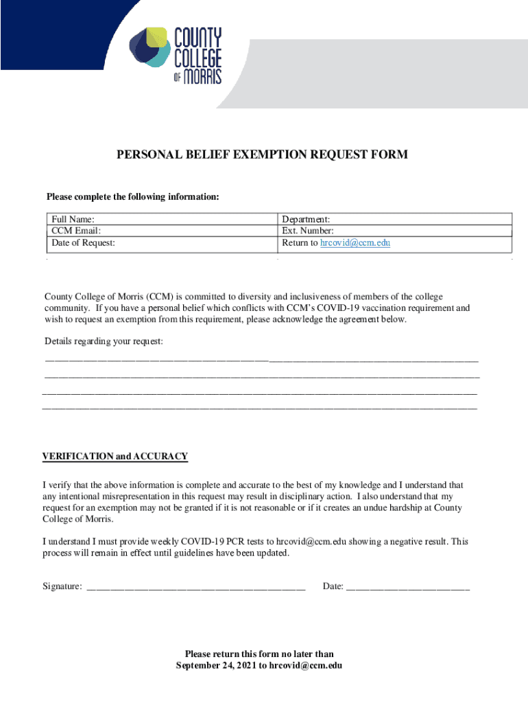 Fillable Online PERSONAL BELIEF EXEMPTION REQUEST FORM Fax Email Print ...