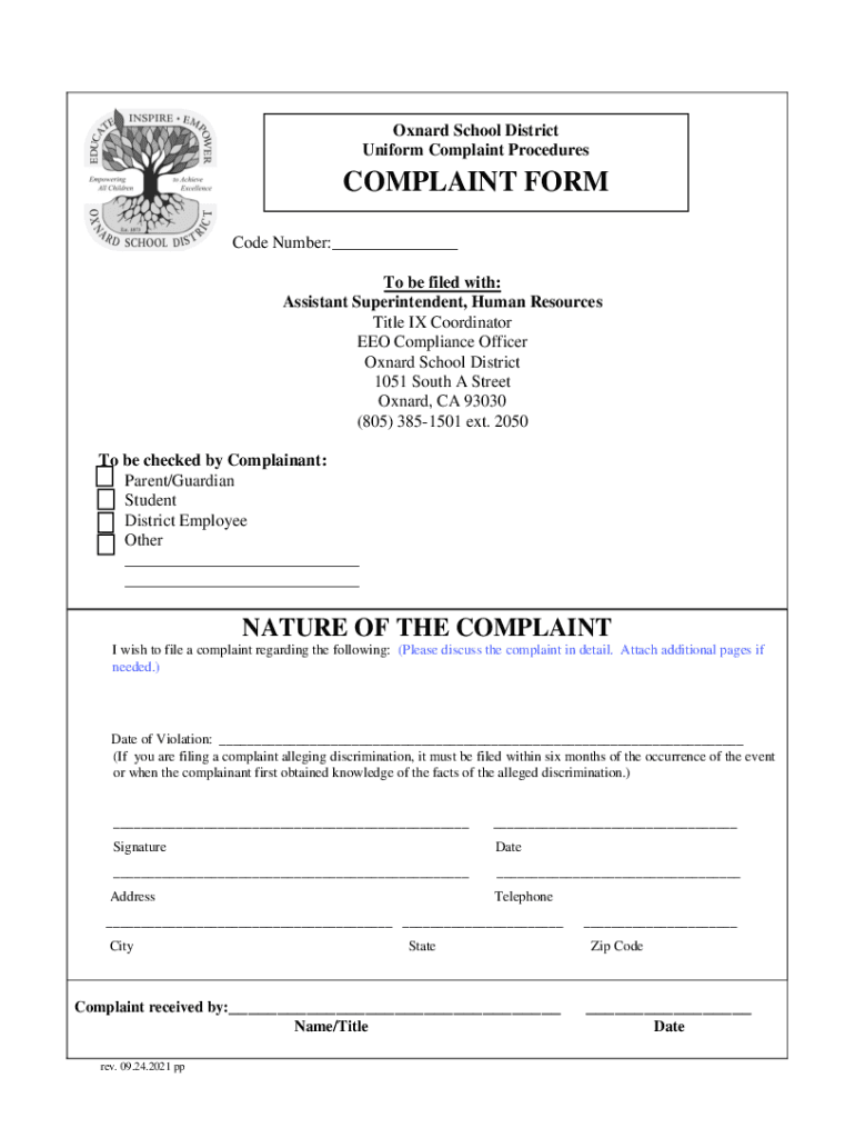 Fillable Online UCP Complaint Form fillable.pdf - Oxnard School ...