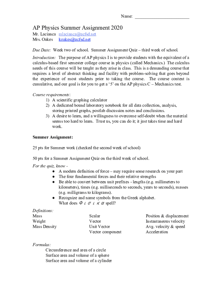 Fillable Online resources.finalsite.netimagesv1590167553AP Physics Summer Assignment2020 ...