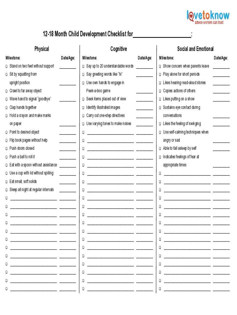 Fillable Online Child Development Checklist : Physical Development ...