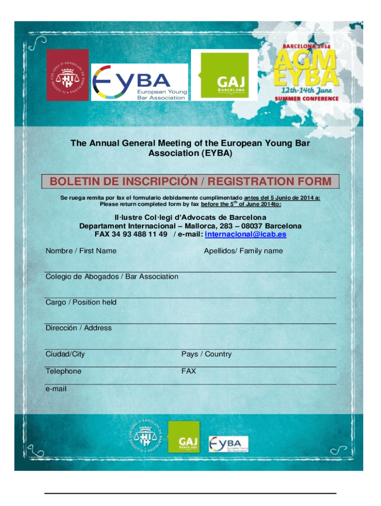 Fillable Online boletin de inscripcin / registration form - Barcelona ...