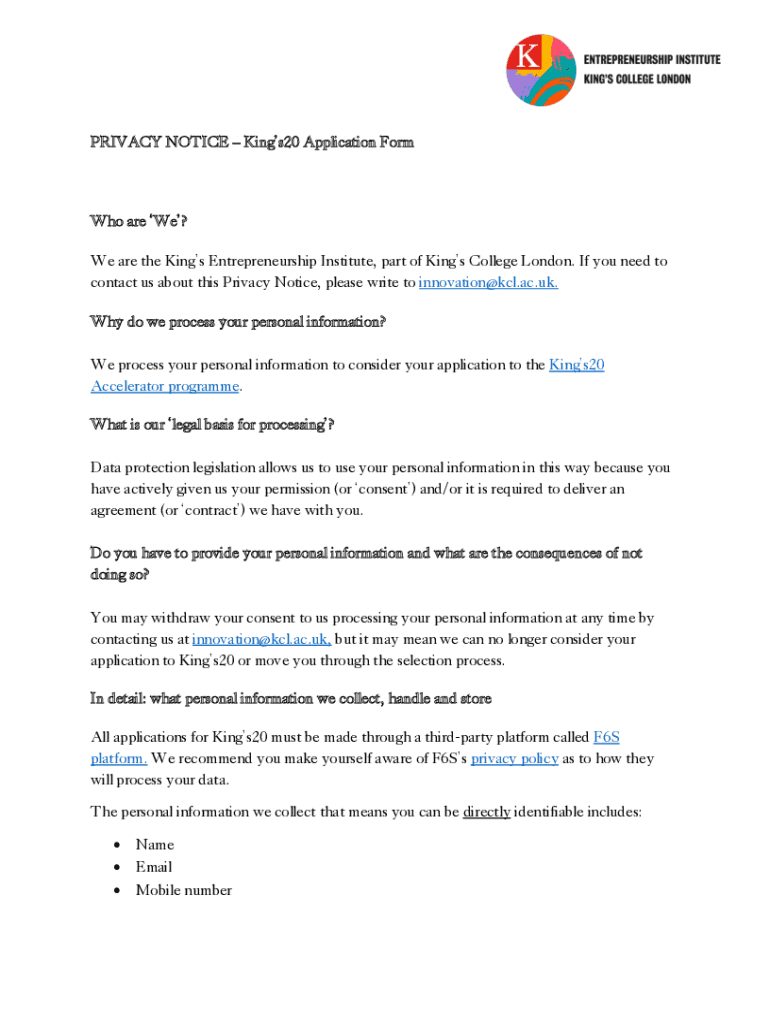 Fillable Online PRIVACY NOTICEKing's20 Application Form Who are 'We ...