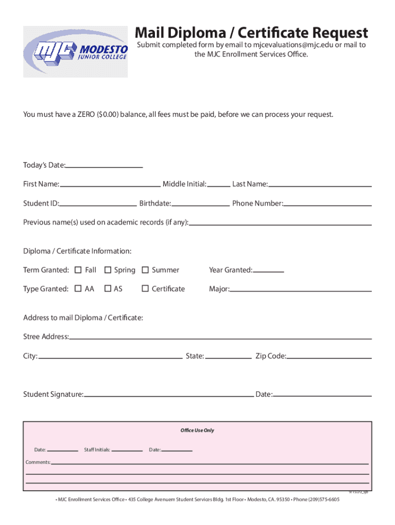 Fillable Online mjc.edudocumentsspring2020maildiplomaMail Diploma ...